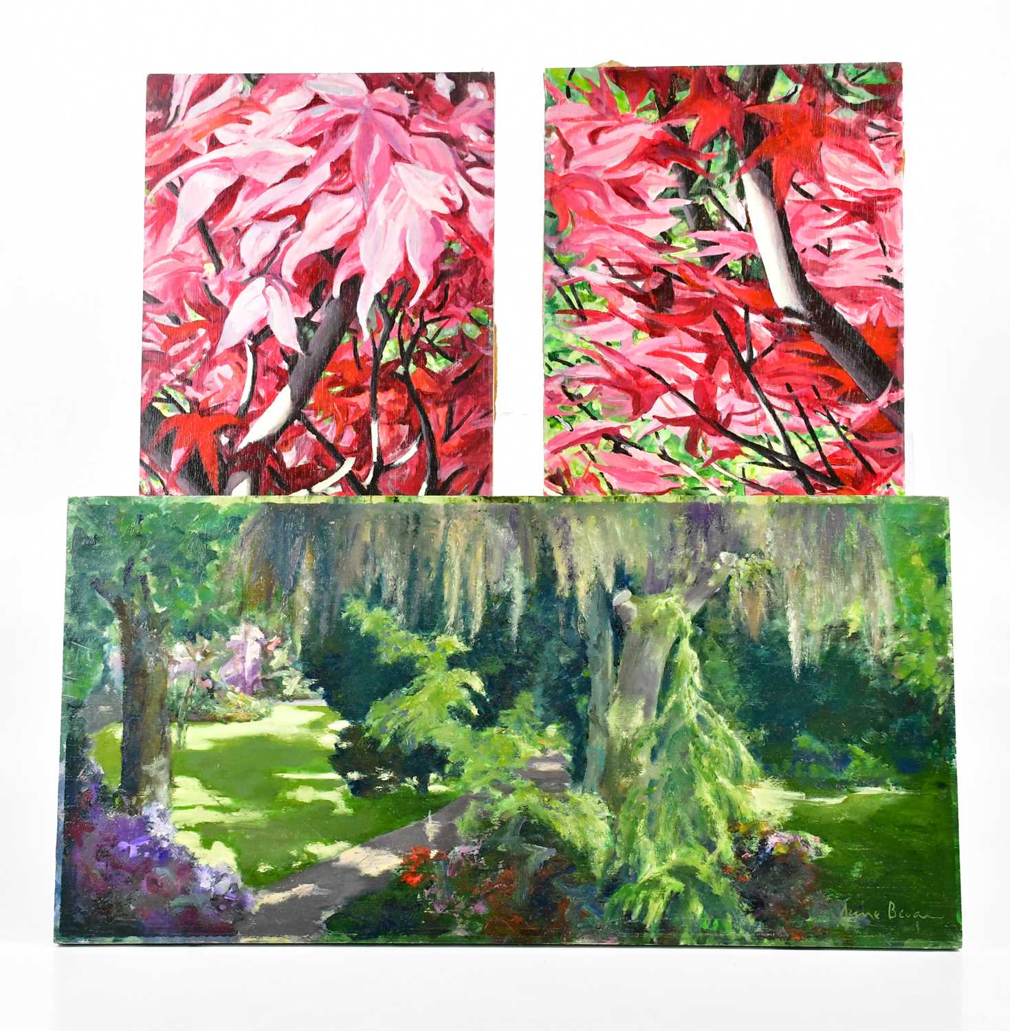 Lot 358 - JUNE BEVAN; a pair of oils on board, 'Maple