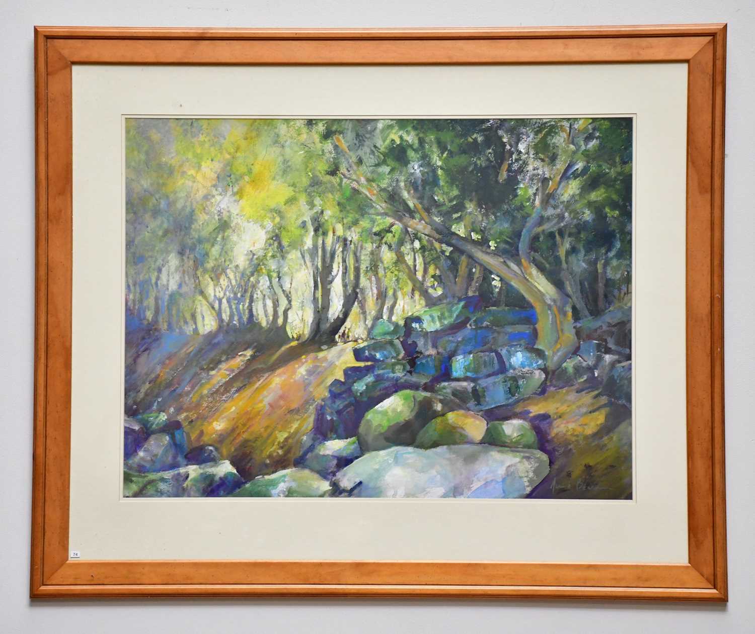 Lot 366 - JUNE BEVAN; acrylic, 'Rocks in Bramhall Park'