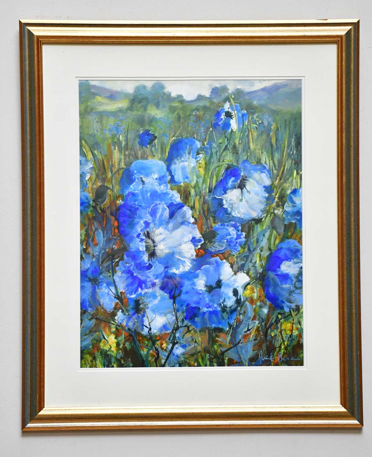 Lot 286 - JUNE BEVAN; watercolour, 'Blue Poppies',