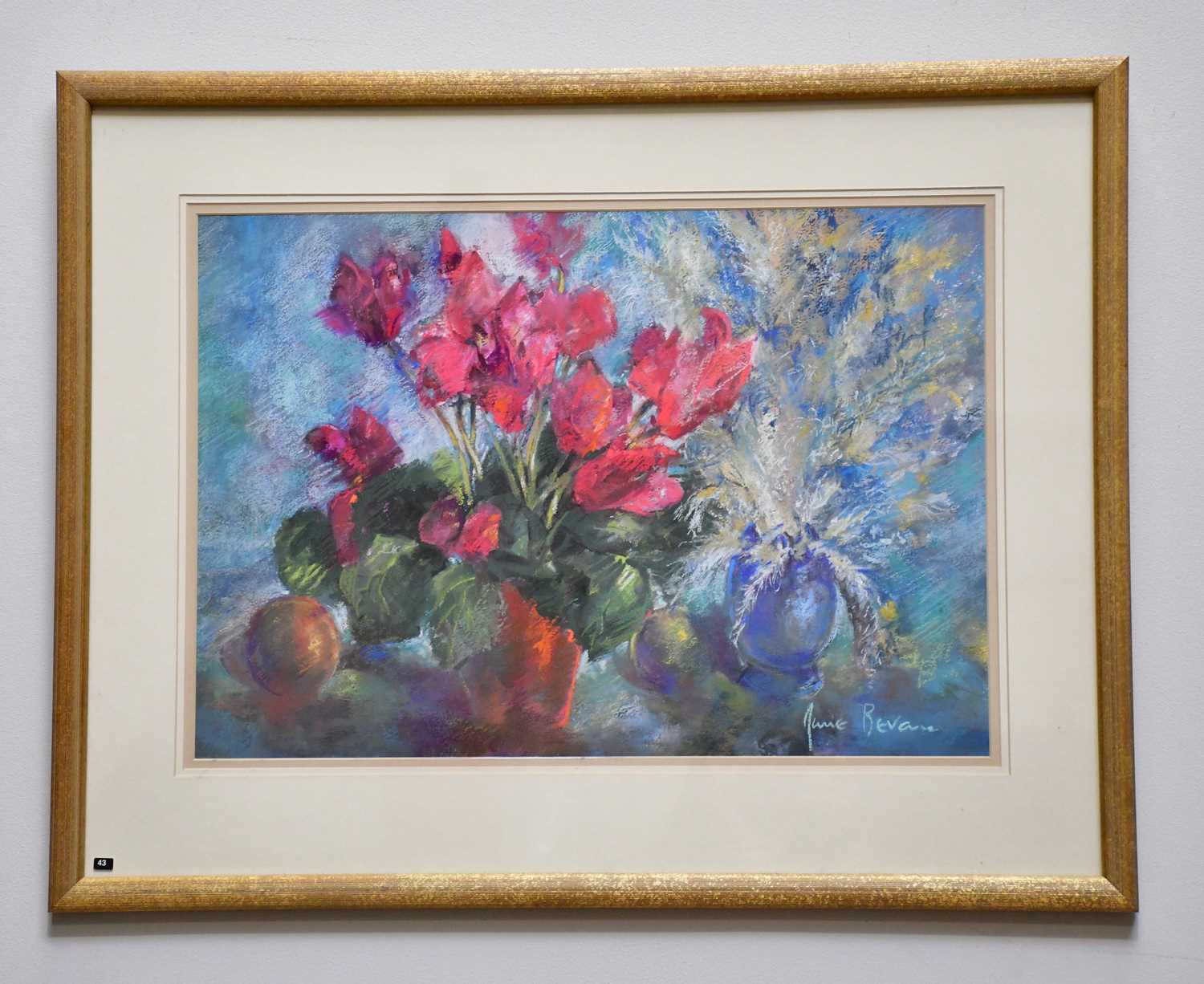 Lot 612 - JUNE BEVAN; pastel, 'Cyclamen and Pampas