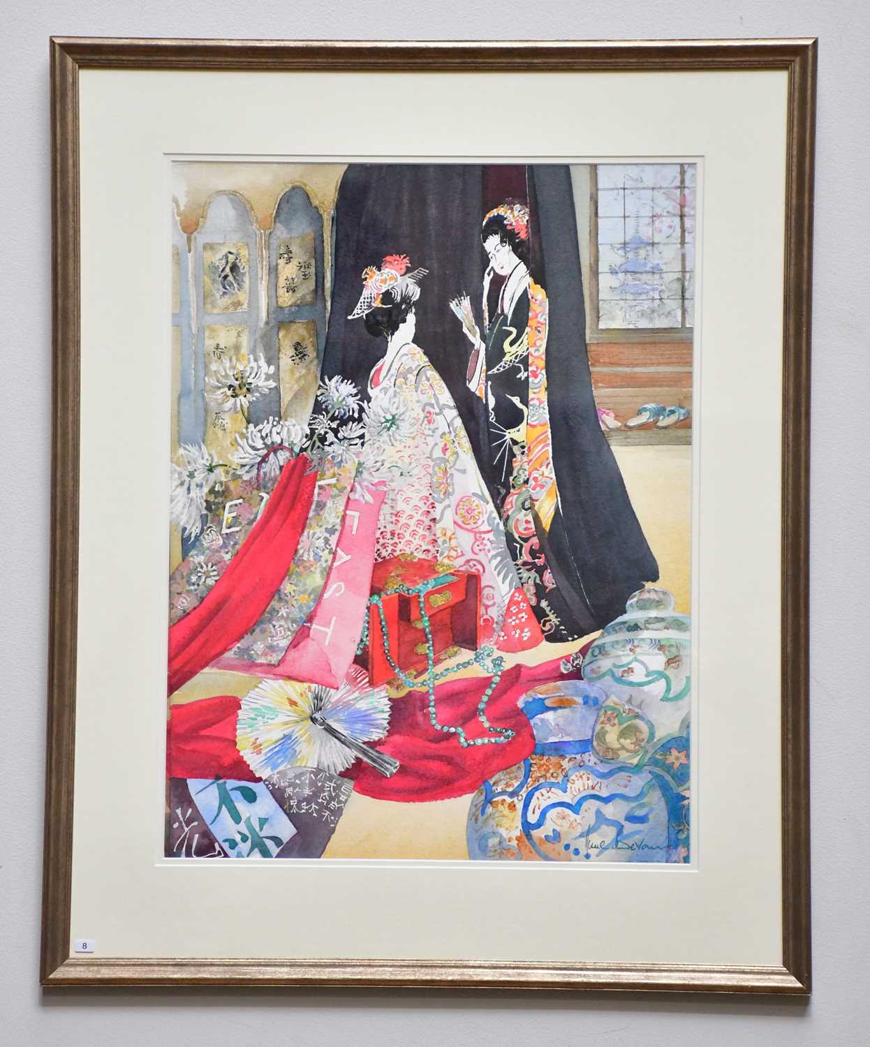 Lot 346 - JUNE BEVAN; watercolour, 'Decorative Japan',