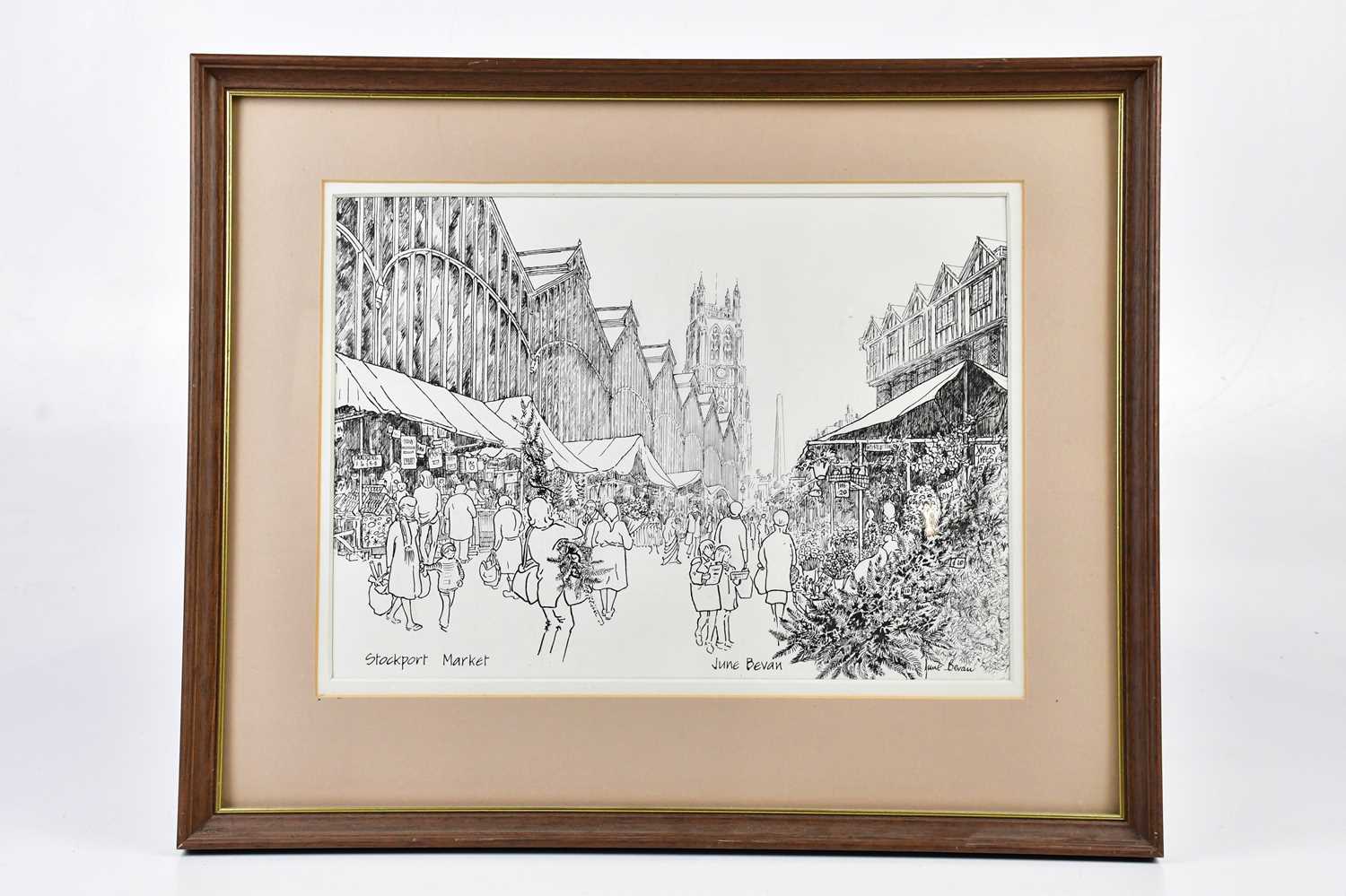 Lot 326 - JUNE BEVAN; ink drawing, 'Stockport Market',