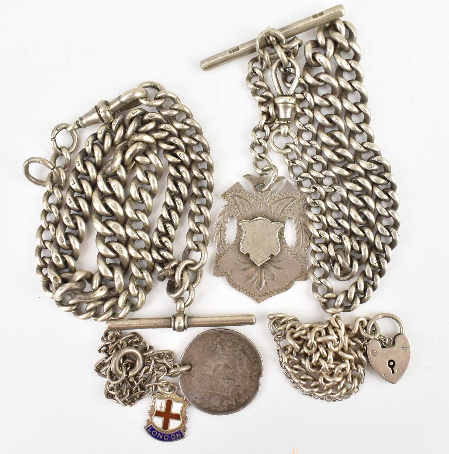 Lot 1176 - Two hallmarked silver watch guard chains,