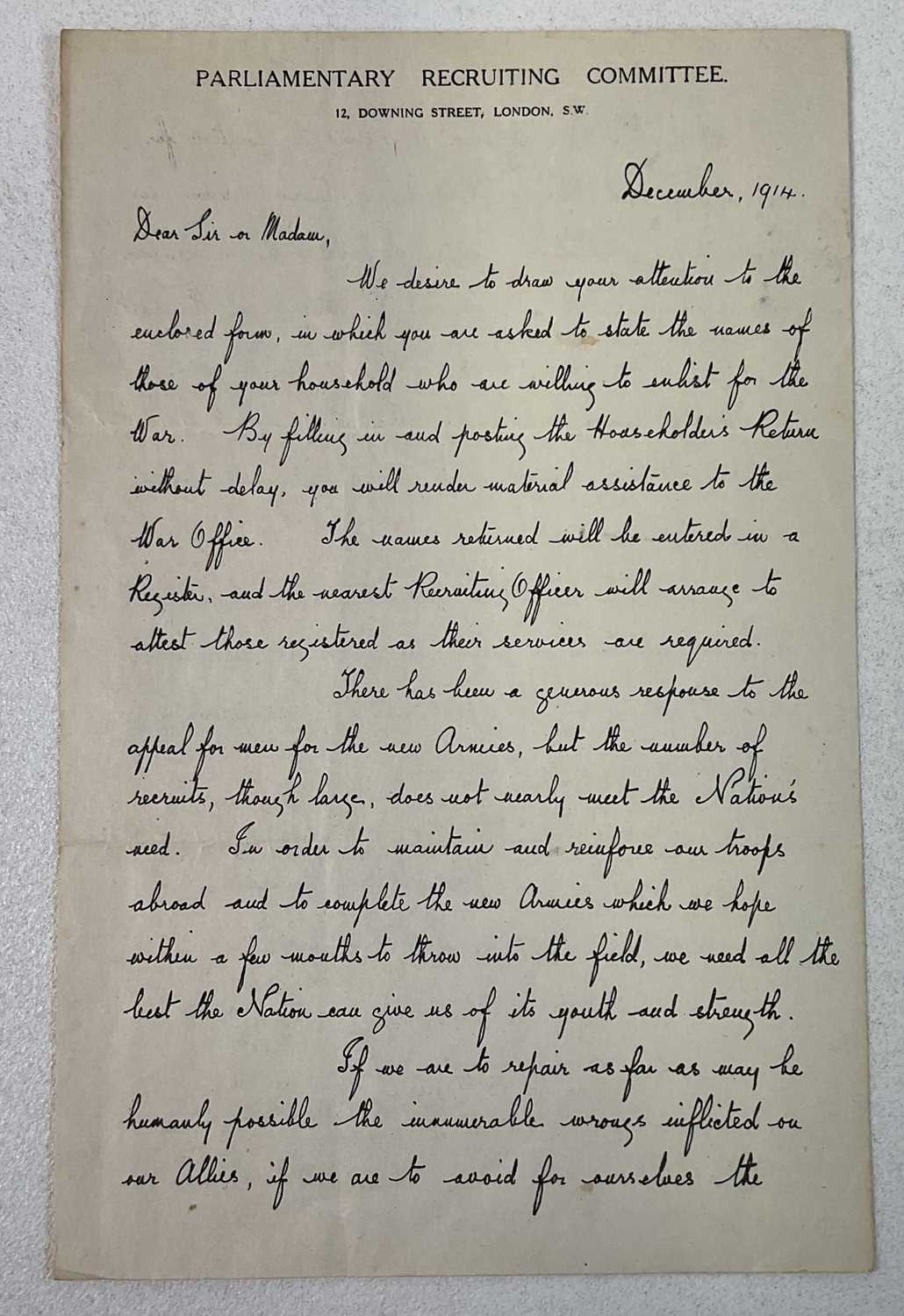 Lot 446 - A handwritten letter dated December 1914,