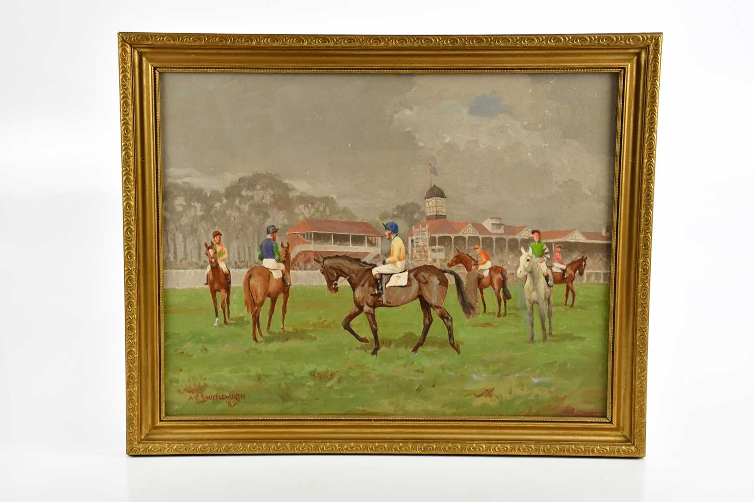 Lot 1618 - A C SHUTTLEWORTH; oil, horses and jockeys