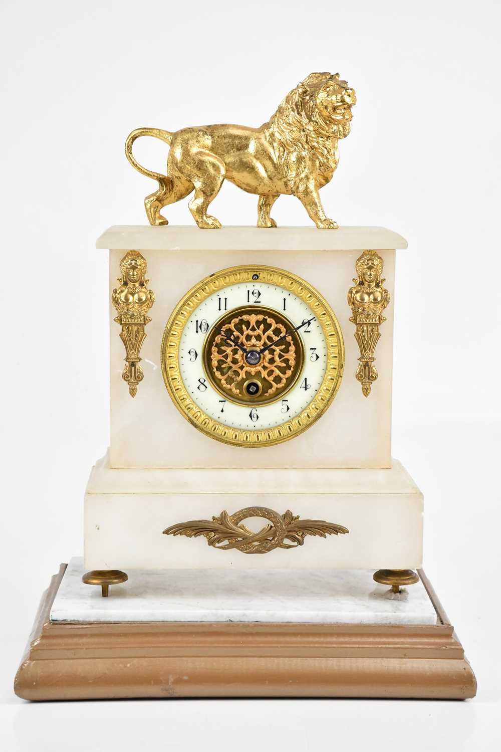 Lot 349 - A Victorian alabaster mantel clock, with